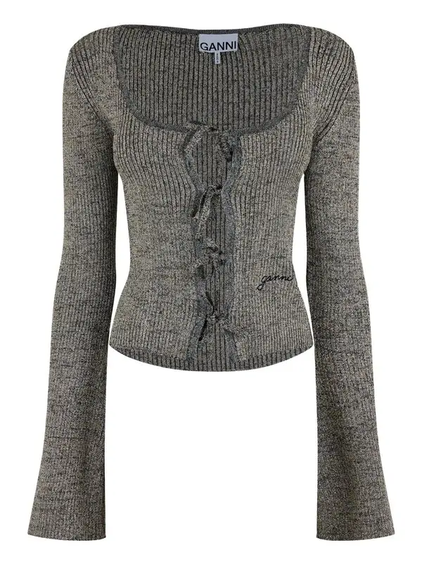 GANNI Long-sleeve Ribbed Knit Top With Square Neckline And Lace-up Detail - Black