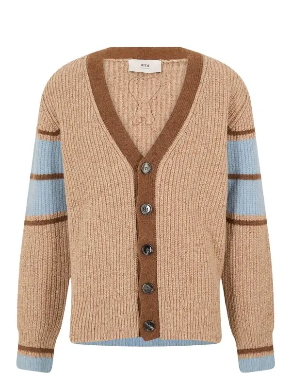 AMI Paris Knitted Cardigan With Striped Sleeves - Nude