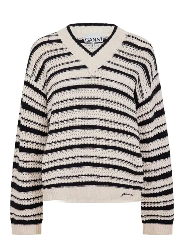 GANNI Striped Long Sleeve Knitwear - White