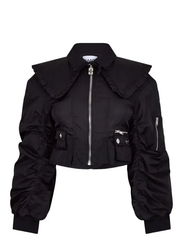 GANNI Duchesse Cropped Jacket With Lace Collar - Black