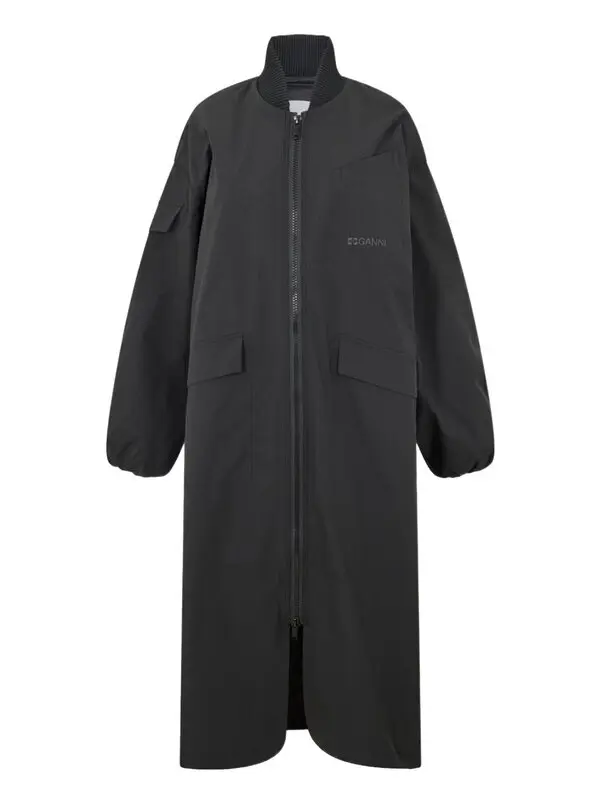 GANNI Long Casual Jacket With Stand-up Collar And Zip Closure - Black