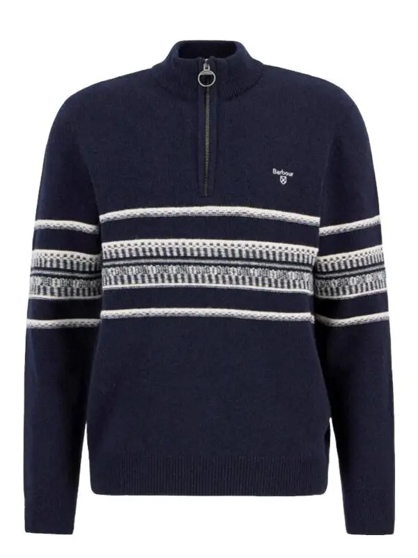 Barbour Long-sleeved Zip-up Sweater With Patterned Trim - Navy