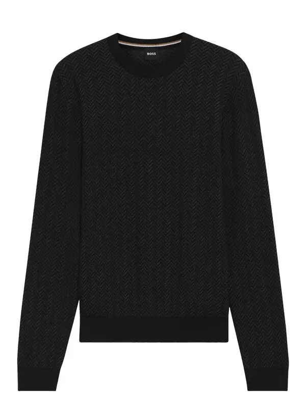 Hugo Boss Herringbone Crew Neck Knit Sweater - Black