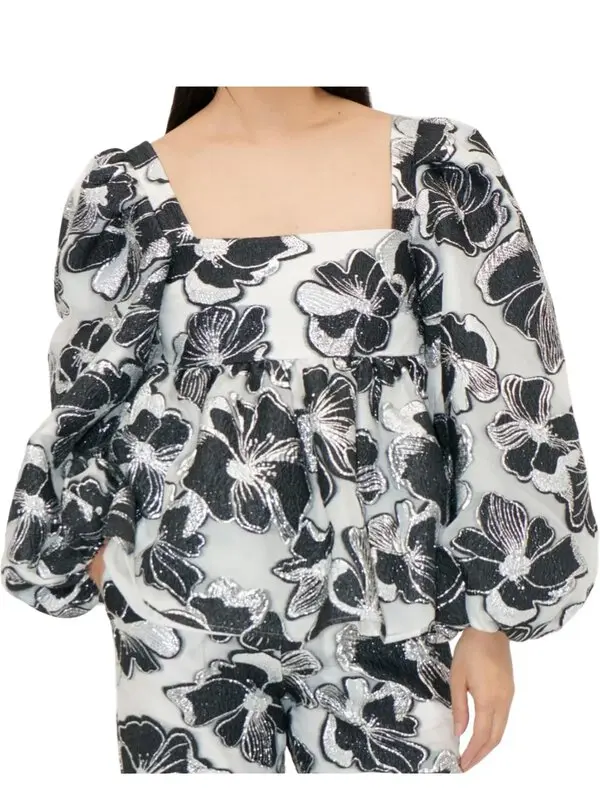 Stine Goya Square Neck Floral Long Sleeve Top - Black