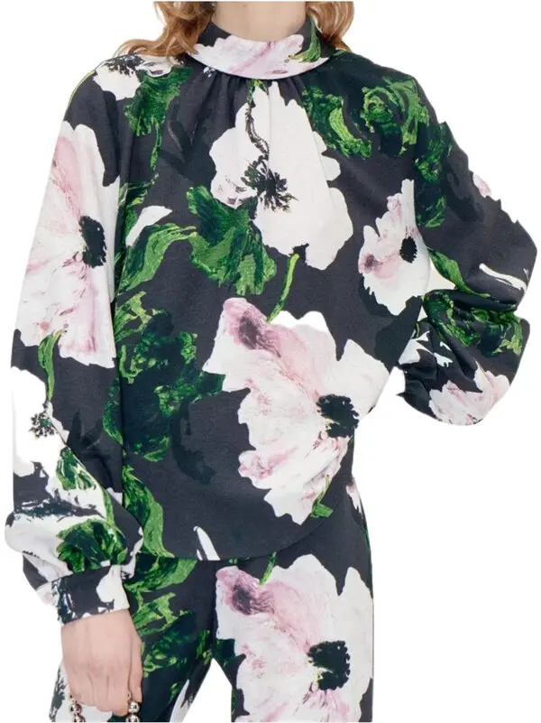 Stine Goya Long Sleeve Floral High Neck Top - Black