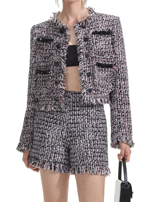 SELF-PORTRAIT Fringed Tweed Cropped Jacket - Gray