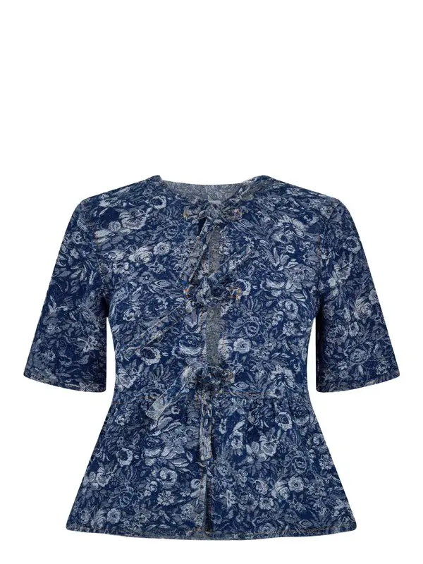 GANNI Cotton Poplin Peplum Tie Blouse - Blue