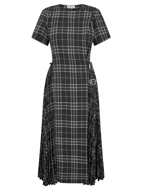 Burberry Plaid Midi Dress With Side Buckles And Pleated Details - Black