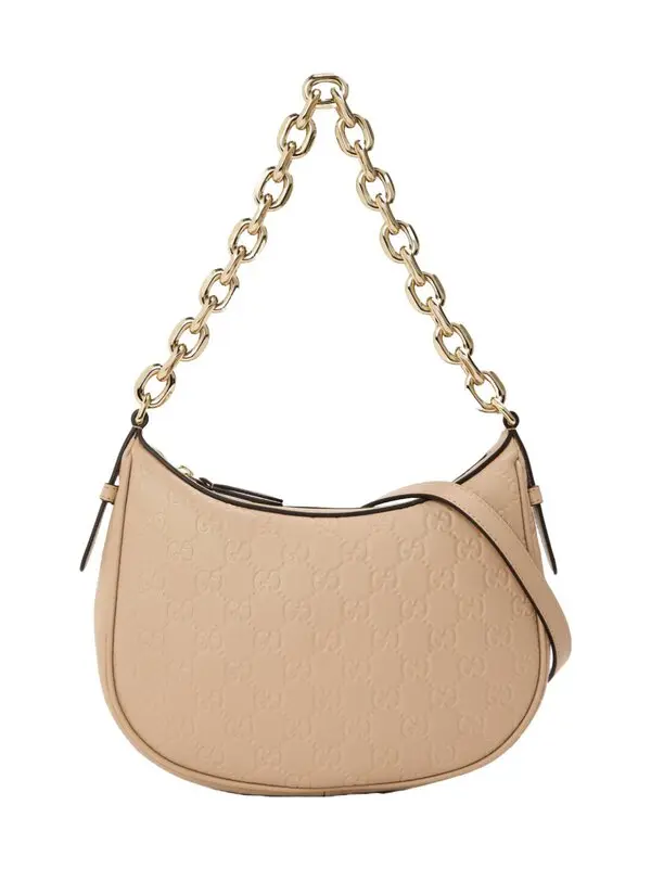 Gucci Embossed Leather Hobo Bag With Chain Strap - Nude