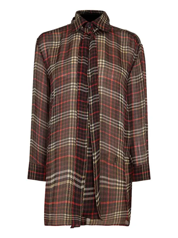Saint Laurent Plaid Long-sleeve Shirt With Tie Detail - Brown