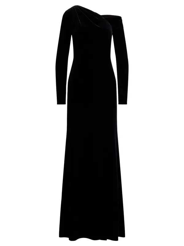Ralph Lauren Velvet Asymmetrical Neckline Gown - Black