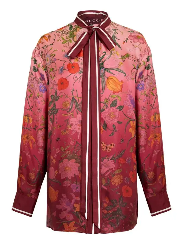 Gucci Floral Print Tie Neck Shirt - Red
