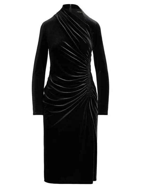 Ralph Lauren Velvet Ruched Midi Dress - Black