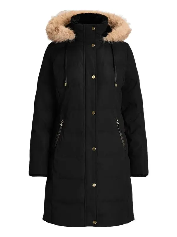 Ralph Lauren Real Leather Fur Hood Medium Puffer Jacket - Black