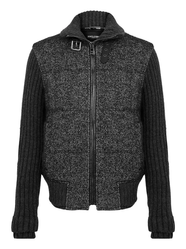 Dolce & Gabbana Ribbed Knit Jacket With Tweed Blend - Black