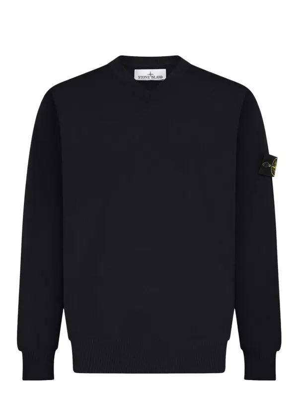 Stone Island V-neck Wool Sweater With Compass Badge - Black