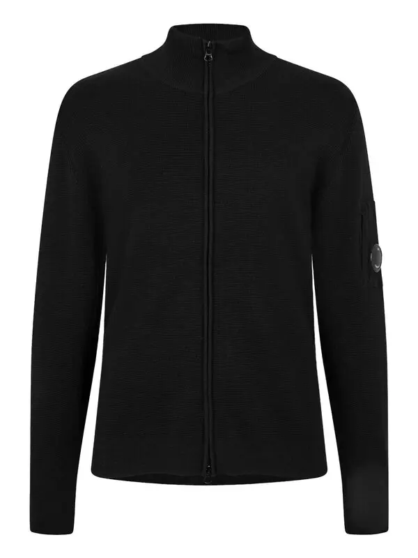 C.P. COMPANY Zip-up Textured Knit Jacket With Logo Patch - Black