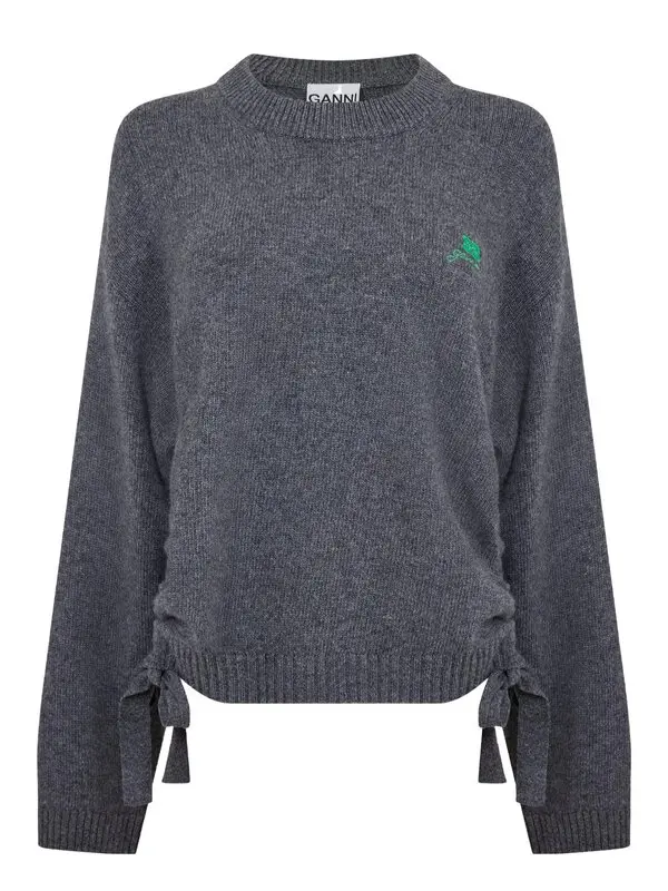 GANNI Crewneck Knit Sweater With Side Tie Details - Gray