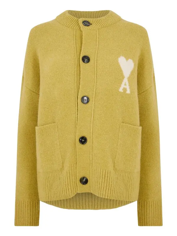 AMI Paris Relaxed Fit Round Neck Knit Cardigan - Yellow