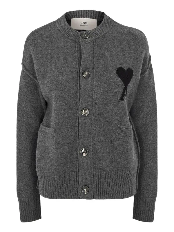 AMI Paris Wool Knitted Cardigan With Appliqué Logo - Black
