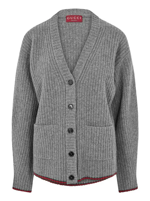Gucci V-neck Ribbed Knit Cardigan With Red Trim - Gray