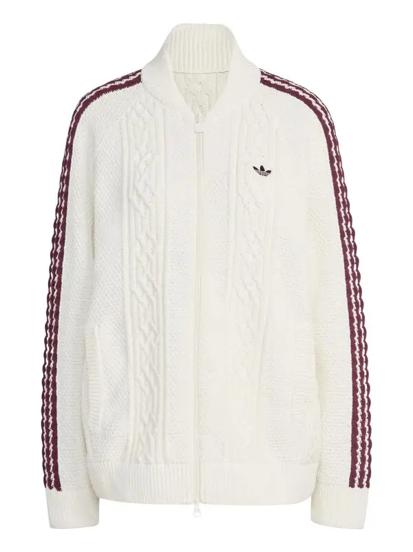 ADIDAS ORIGINALS Cable Knit Zip Stand Collar Sweater - White