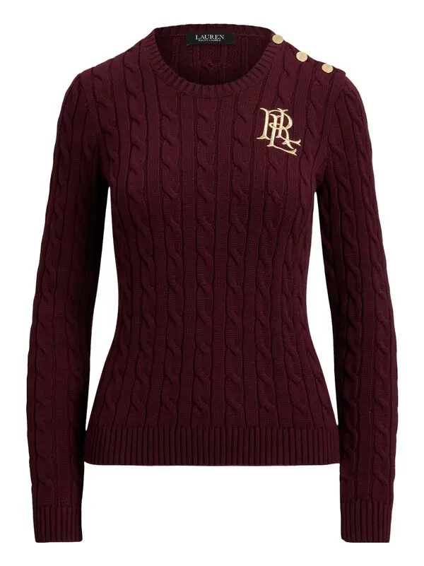 Ralph Lauren Burgundy Cable-knit Crewneck Sweater With Gold Monogram And Button Detail - Brown