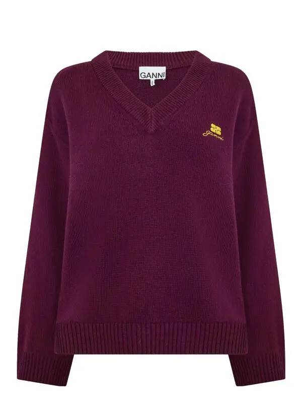 GANNI V-neck Knit Sweater With Embroidered Logo - Red