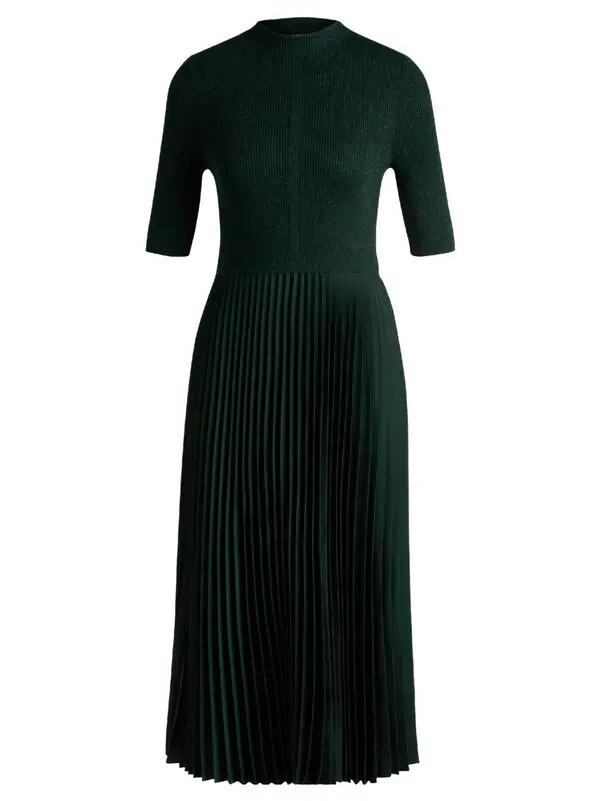 Hugo Boss Midi Dress With Ribbed Knit Top And Pleated Skirt - Black
