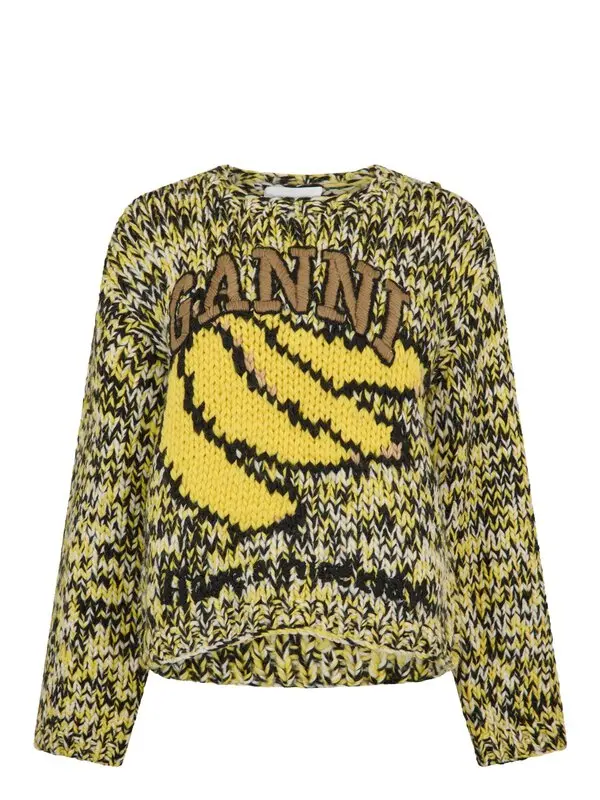 GANNI Marled Knit Crew Neck Sweater With Banana Appliqu - Green