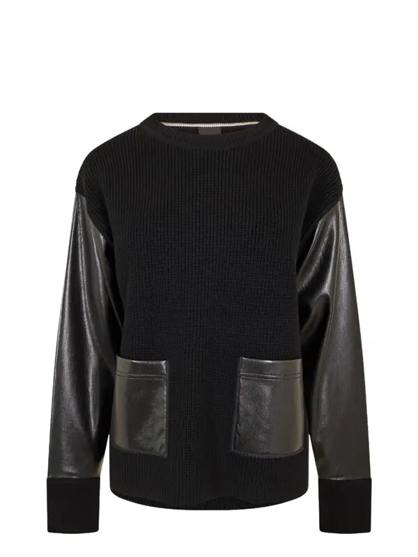 Hugo Boss Crewneck Sweater With Contrasting Faux Leather Sleeves - Black
