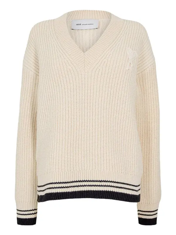 AMI Paris V-neck Knit Sweater With Ribbed Texture And Striped Cuffs - No
