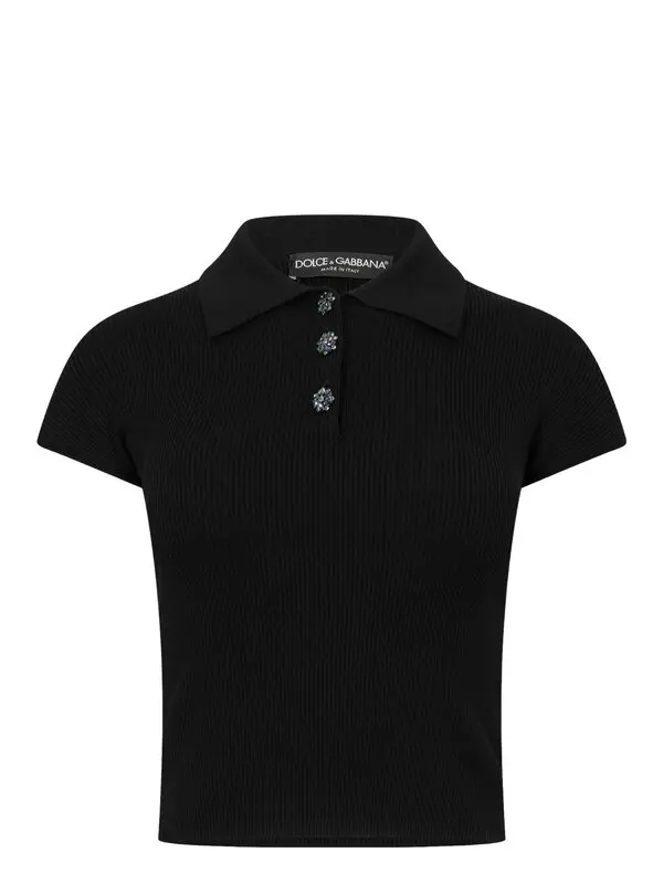 Dolce & Gabbana Ribbed Knit Cropped Polo Shirt With Crystal Buttons - No