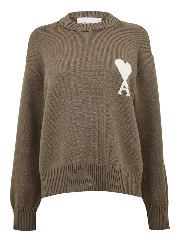 AMI Paris Crew Neck Jumper With Logo Detail - Brown