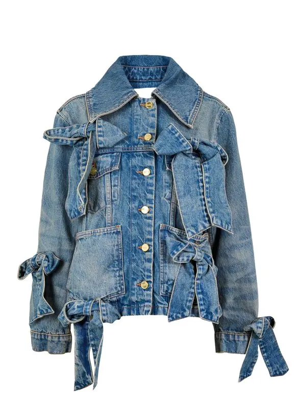GANNI Denim Jacket With Decorative Bows - Blue