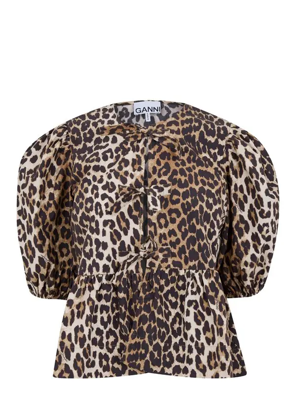 GANNI Cotton Poplin Peplum Tie Blouse Leopard Print - Black