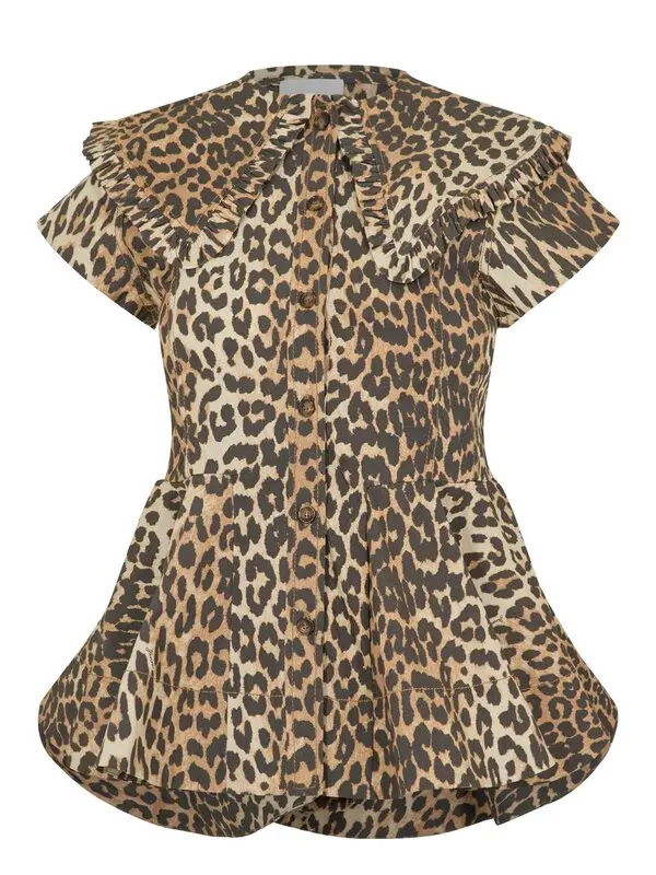 GANNI Leopard Print Short Sleeve Peplum Blouse - Brown