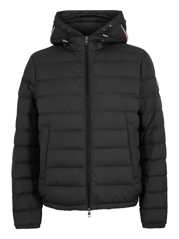 Moncler Quilted Hooded Down Jacket With Striped Trim - Black