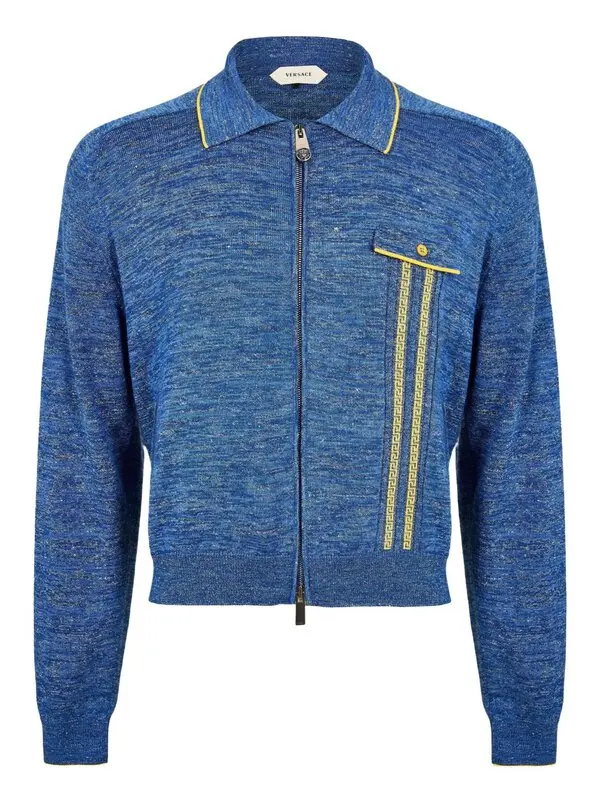 Versace Zip-up Knitted Top With Greca Motif - Blue