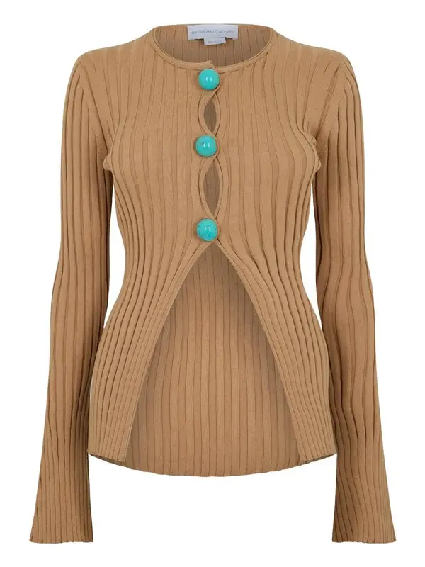 Stella McCartney Ribbed Knit Cardigan With Turquoise Button Detail - Brown