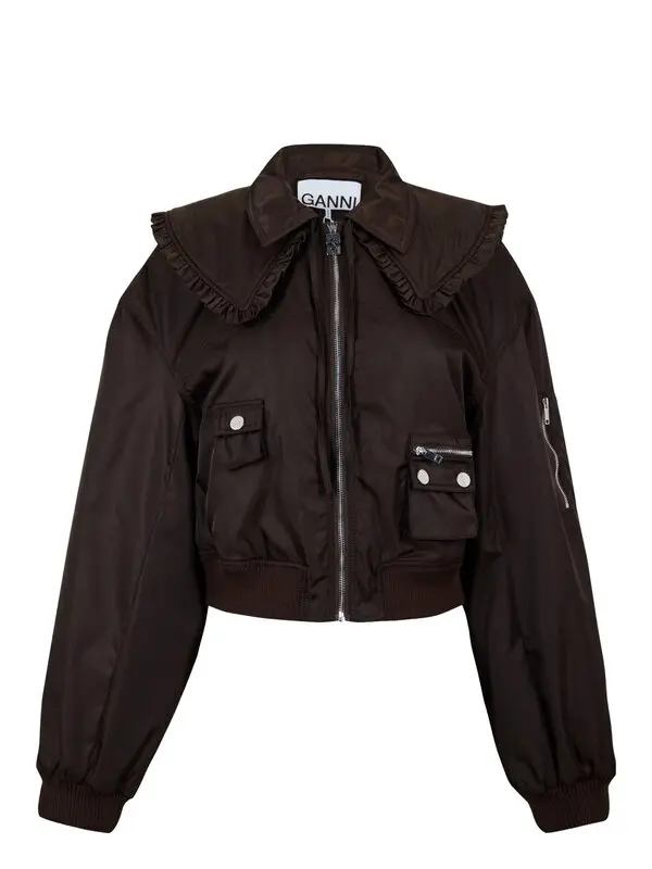 GANNI Cropped Bomber Jacket With Ruffled Collar - Black