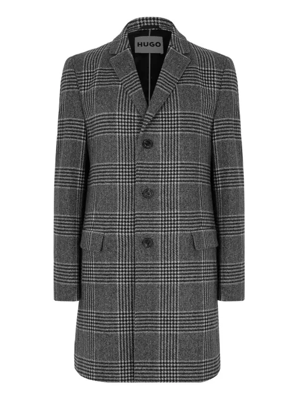 Hugo Boss Tailored Slim Long Checked Overcoat - Black