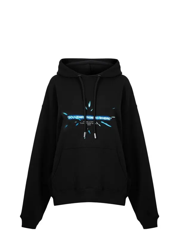 Off-White Cotton Oversized Hoodie With Graphic Prints - Black