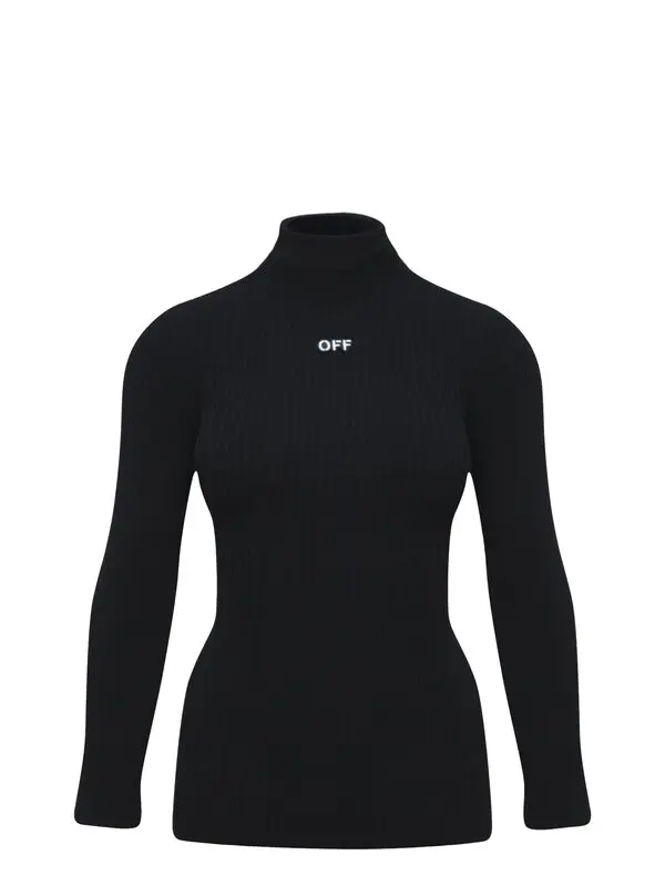 Off-White Ribbed Knit High Neck Long Sleeve Sweatshirt - Black