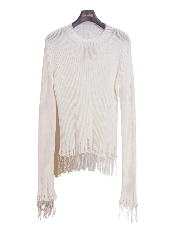 UMA WANG Ribbed Knit Long Sleeve Top With Distressed Fringe - White