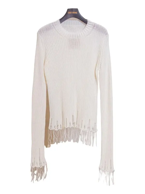 UMA WANG Ribbed Knit Long Sleeve Top With Distressed Fringe - White