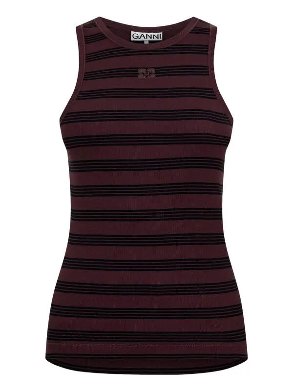 GANNI Striped Cotton Racerback Tank - Black