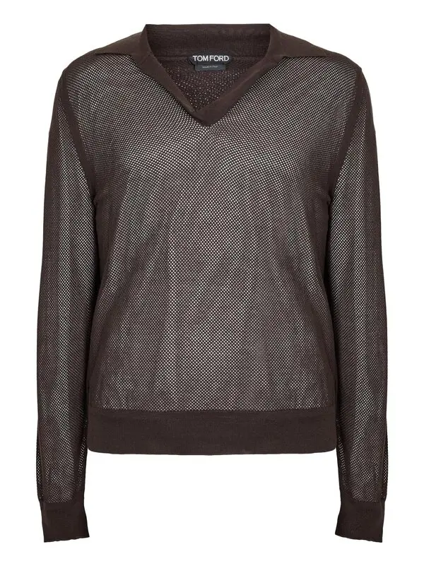 TOM FORD Long Sleeve Mesh Knit Polo - Chocolate