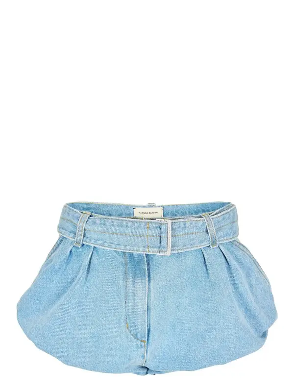 Magda Butrym Denim Shorts With Belted Waist And Scalloped Hem - Blue