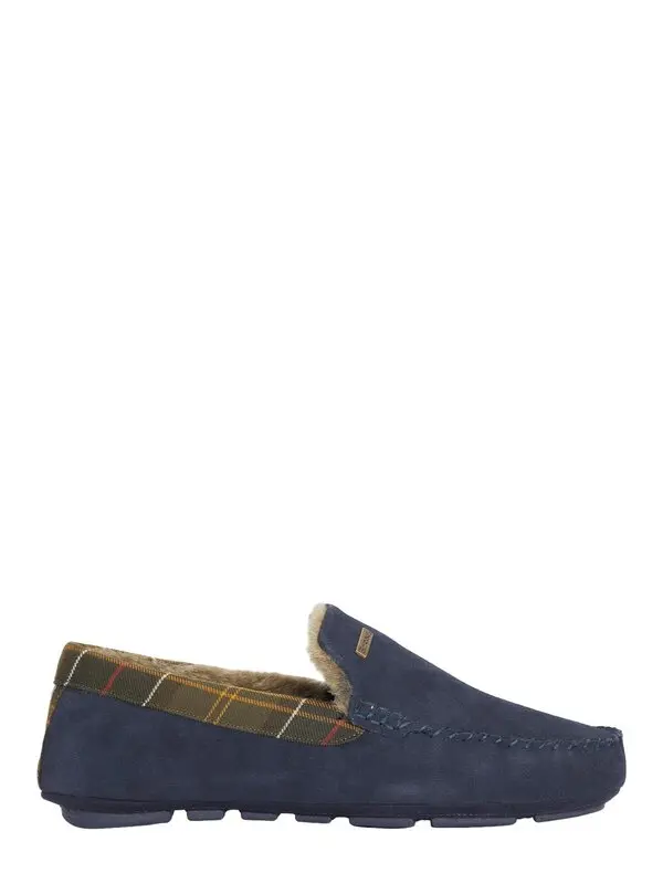 Barbour Checked Plaid Trim Suede Slippers - Black